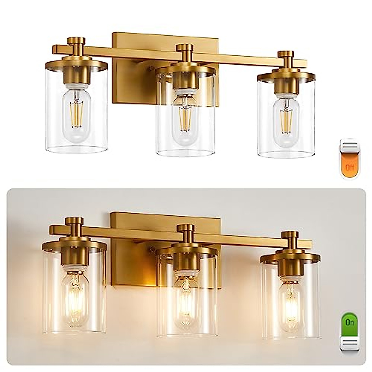 yenlacy 3 Light Bathroom Vanity Light Fixtures, Modern Gold Vanity Lights Over Mirror, Vintage Wall Sconce with Clear Glass Shade, Brushed Gold Vanity Lights for Bathroom