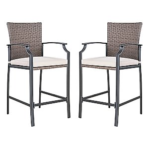 Patio Tree Outdoor Wicker Counter-Height Bar Chairs, Patio Steel Rattan Bar Stools with Removable Cushion, Set of 2
