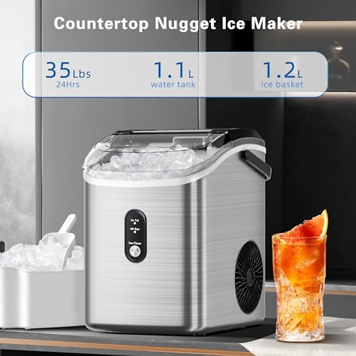 ZAFRO Nugget Ice Maker Countertop with Handle, Stainless Steel, 35Lbs/24Hrs,7 Mins Ice Making, Pellet Ice Maker with Ice Basket/Ice Scoop for Home/Bar/Party/Office