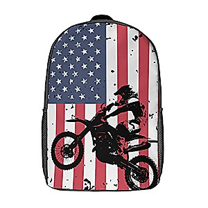 WZOMT American Flag Motocross Backpack for Teen Girls Boys, Funny Dirt Bike Rider Fly Racing Bookbags Student Schoolbag Rucksack Fashion Daypack Water Resistant Sport Hiking Travel Bags Large 17"