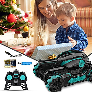 RC Tank Car, Koeni Remote Control 12Kmh for All Terrains Can Launch Water Bomb, 2.4 Ghz Car with 180 degree Rotating Shooting & 360° Rotating, High Speed Off-Road 4WD, Boys Toys Age 6-8, Black-green