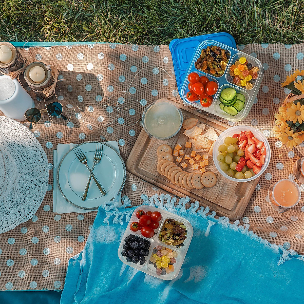Finorder 6 Pack 4-Compartment Snack Containers, Reusable Food Containers for Kids School, Adults Office, Picnic Trip, Lunch Bento Box Meal Prep Containers (Bright Color Set)