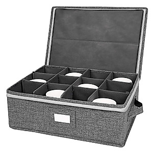 popoly Cup and Mug Storage Box, China Storage Containers Chest with Zipper Lid and Handles, Holds 12 Coffee Mugs and Tea Cups, Hard Shell and Stackable(Grey)