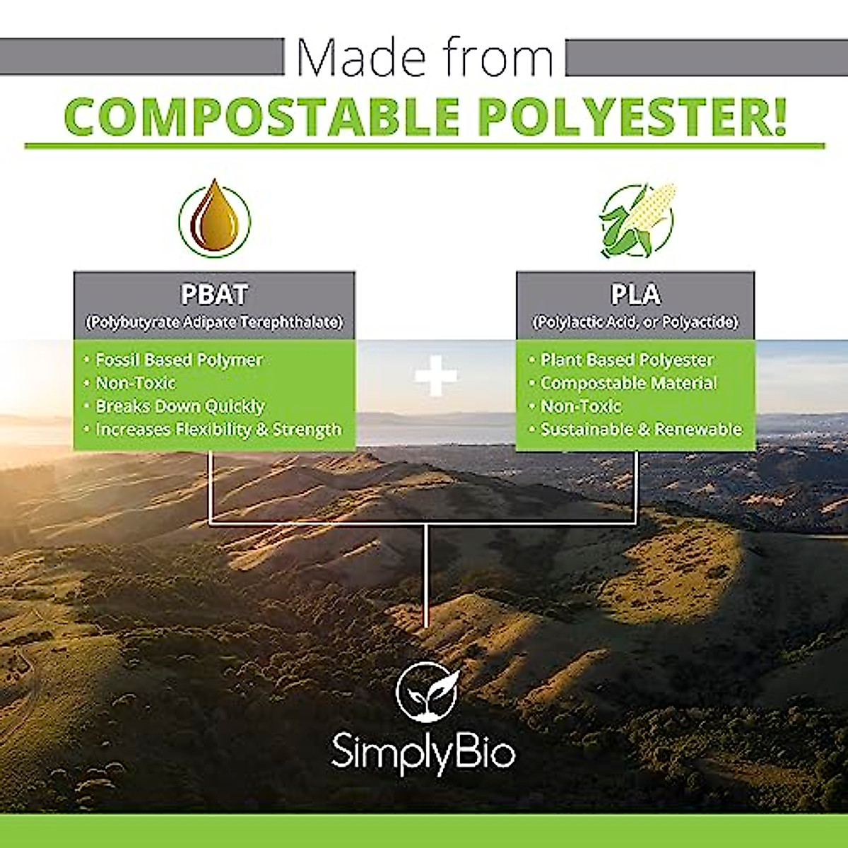 Simply Bio 3 Gallon Compostable Trash Bag with Drawstring, Heavy Duty Extra Thick 1 Mil, 50 Count, 11.36 Liter, Small Kitchen Food Scrap Trash Bags, ASTM D6400, US BPI and Europe OK Compost Certified