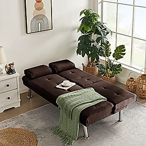 67" Modern Linen Upholstered Futon Sofa Convertible Sleeper Couch Bed Daybed Loveseat,Folding Recliner with 2 Cup Holders,Metal Legs,Removable Soft Pillow-Top Armrest for Living Room Compact Space
