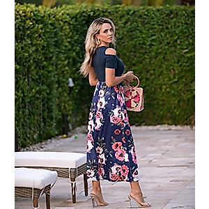 STYLEWORD Womens 2023 Fashion Summer Floral Wedding Guest Maxi Long Dress with Pocket Cold Shoulder Casual(Floral04,L)