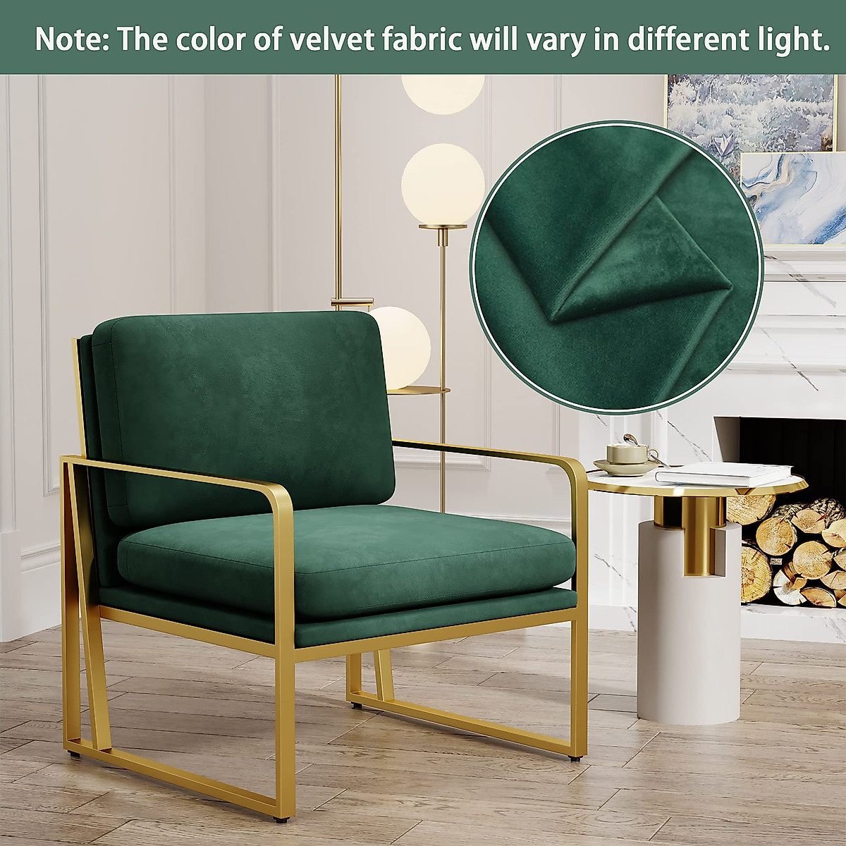 Andeworld Velvet Accent Chair, Mid century Living Room Armchair,Upholstered Modern Sofa Side Chair with Metal Golden Legs for Reading,Lounging,Bedroom Apartment, Green