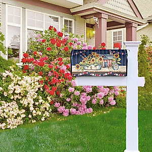 Dacawin Summer Sunflower Magnetic Mailbox Covers Blue Floral Patriotic American Flag Mailbox Post Cover July 4th Flower Mailbox Decor Waterproof Mailbox Wraps Standard Size 21X18 Inch