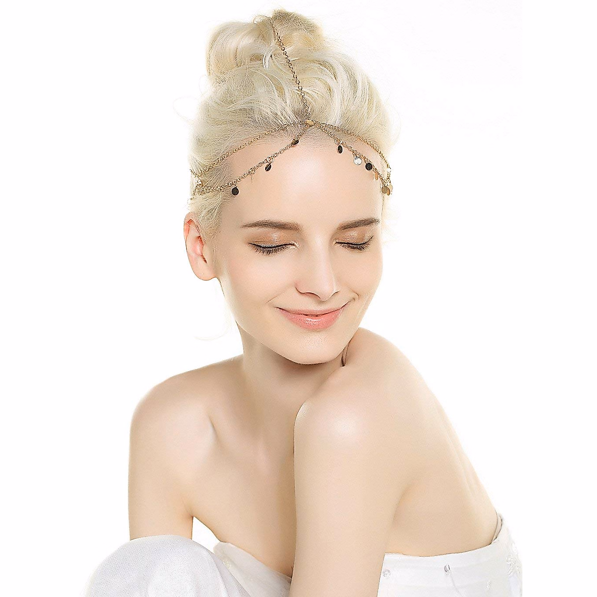 Aukmla Gold Sequins Head Chain Jewelry Festival Halloween Prom Costume Hair Accessories Fashion Headbands Headpieces for Women and Girls