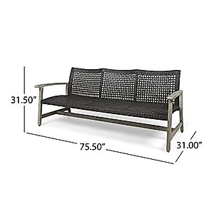 Great Deal Furniture Marcia Outdoor Wood and Wicker Sofa, Light Gray Finish with Mix Black Wicker