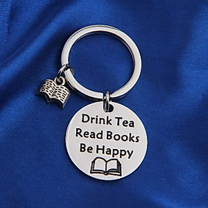 FEELMEM Tea Lovers Gift Drink Tea Read Books Keychain Tea Party Gift Literature Book Lovers Jewelry Gift for Readers, Bookworm, Book Club (silver)