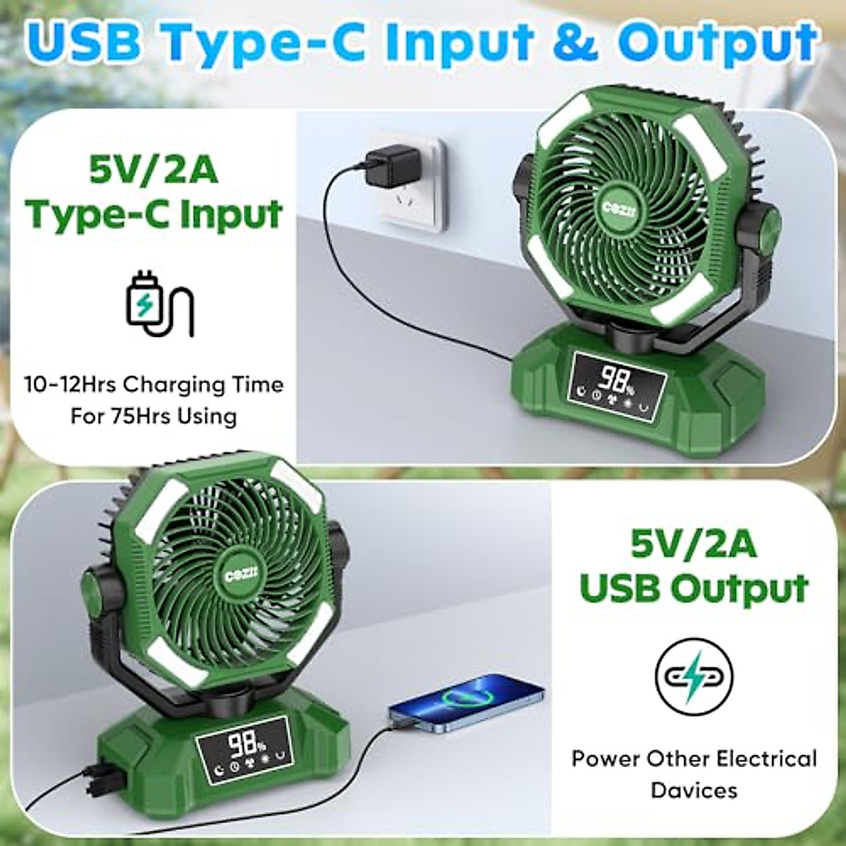 COZII Portable Fan Rechargeable, 20000mAh Battery Operated Oscillating Fan with Touch Screen -5 Speeds Cordless Desk Camping Fan with LED Display for Home Jobsite Outdoor Tent Beach, 8 Timing, Lantern