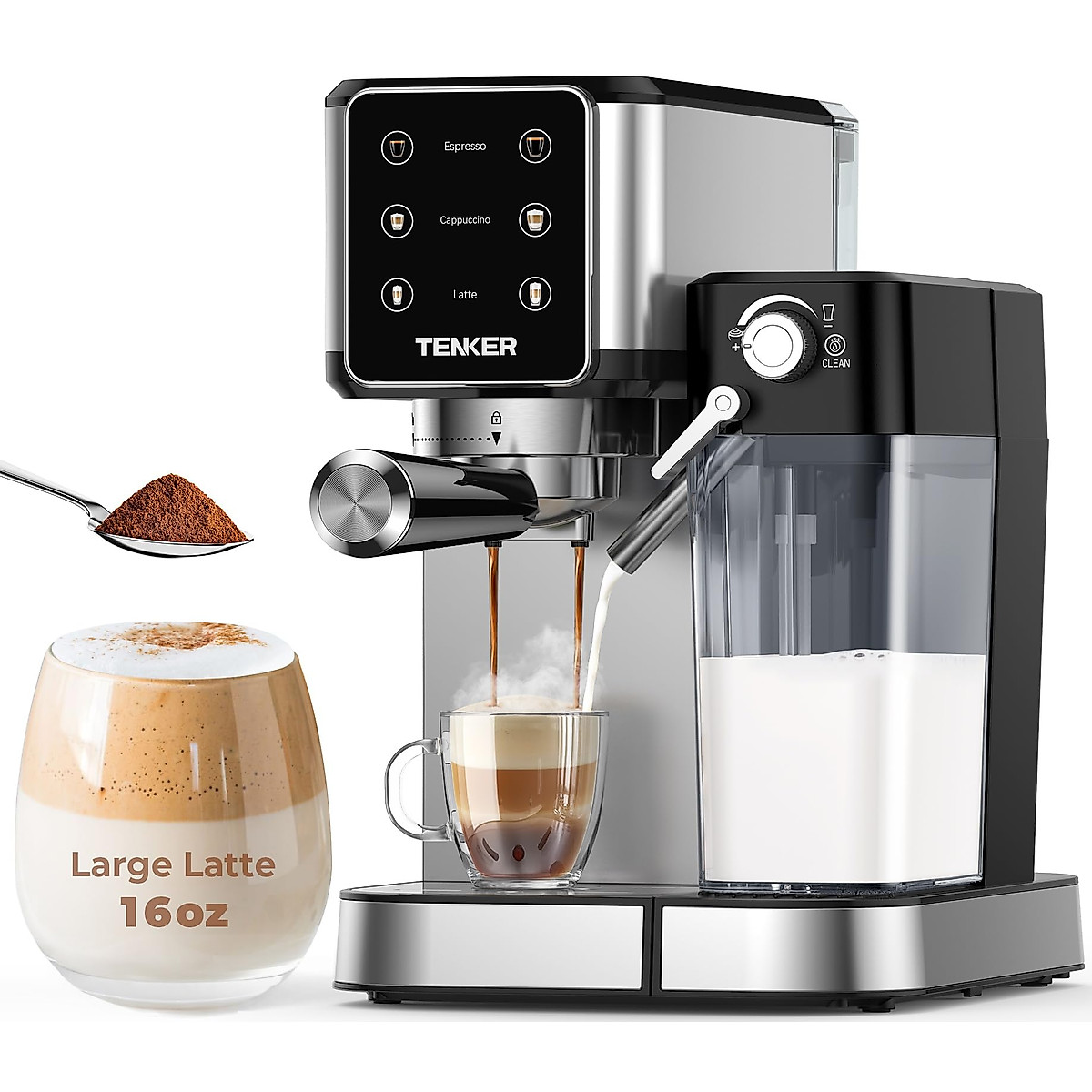 TENKER Espresso Machine 20 Bar, Cappuccino Machine with Automatic Milk Frother, Latte Machine in Stainless Steel Design, 1350W Touchscreen Coffee Maker for Home and Office (Silver)