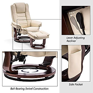 MCombo Recliner with Ottoman Chair Accent Recliner Chair with Vibration Massage, Removable Lumbar Pillow, 360 Degree Swivel Wood Base, Faux Leather 9096 (Cream White)