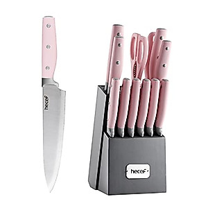 hecef Kitchen Knife Block Set, 14 Pieces Knife Set with Wooden Block & Sharpener Steel & All-purpose Scissors, High Carbon Stainless Steel Cutlery Set, Mothers Day Gift Housewarming Birthday (Pink)