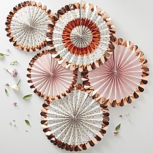 Floral & Rose Gold Foiled Party Fan Decorations - 5 Pack