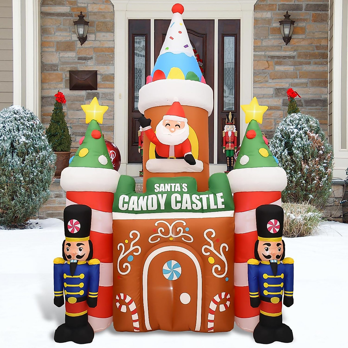 JETEHO 8.8FT Christmas Inflatables Candy Castle with Santa Nutcracker Soldier Inflatable Christmas Yard Decorations Outdoor Christmas Blow up with Build-in LED Lights for Garden Lawn Xmas Decor
