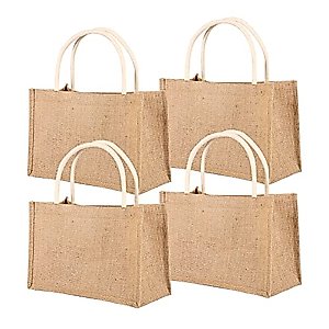 4 Pack Medium Burlap Tote Bags with Handle, 12.6"x8.7"x5.3" Reusable Jute Beach Bags Blank Grocery Tote Bulk, Canvas Gift Bag for Bridesmaid Wedding, DIY, Women Market Grocery Shopping