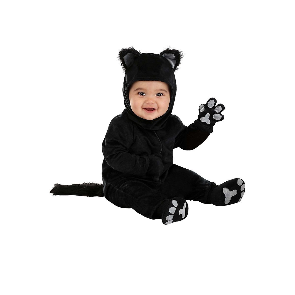 Soft Furry Feline | Black Cat Costume for Infants | Cozy Jumpsuit, Hood, Mitts, Booties | Perfect Halloween Outfit for Baby Boys and Girls 6/9 Months