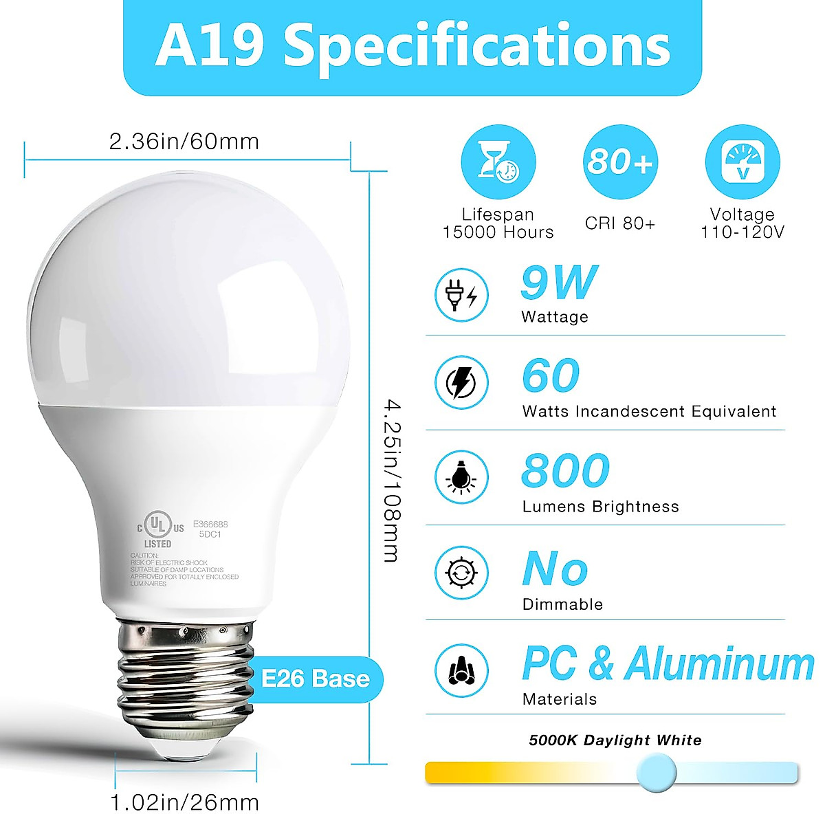 dalattin 24 Pack LED Bulbs Daylight White 5000K, 60 Watt Equivalent A19 Standard Bulbs, E26 Base, 800 LM, Efficient 9W Energy Saving, Non-Dimmable, 80+ CRI, 120V, UL Listed, for Living Room, Office