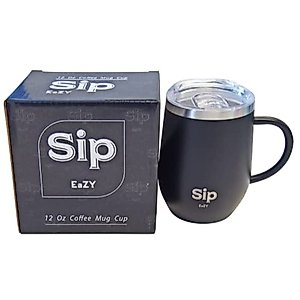 BLACK Double Walled 18/8 StainlessSteel Insulated Cup, Handle & Lid 12oz- Drinks Hot up to 6 hours Cold up to 24hour - Coffee, Tea, Beer, Water, Wine -Arrives Boxed for easy Gifting!