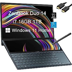 ASUS ZenBook Duo 14 UX482 FHD Touchscreen (Intel 4-Core i7-1165G7, 16GB RAM, 1TB SSD) Business Laptop, Innovative ScreenPad Plus, Backlit KeyBoard, Thunderbolt 4, Webcam, IST HDMI, Stylus, Win 11 Home