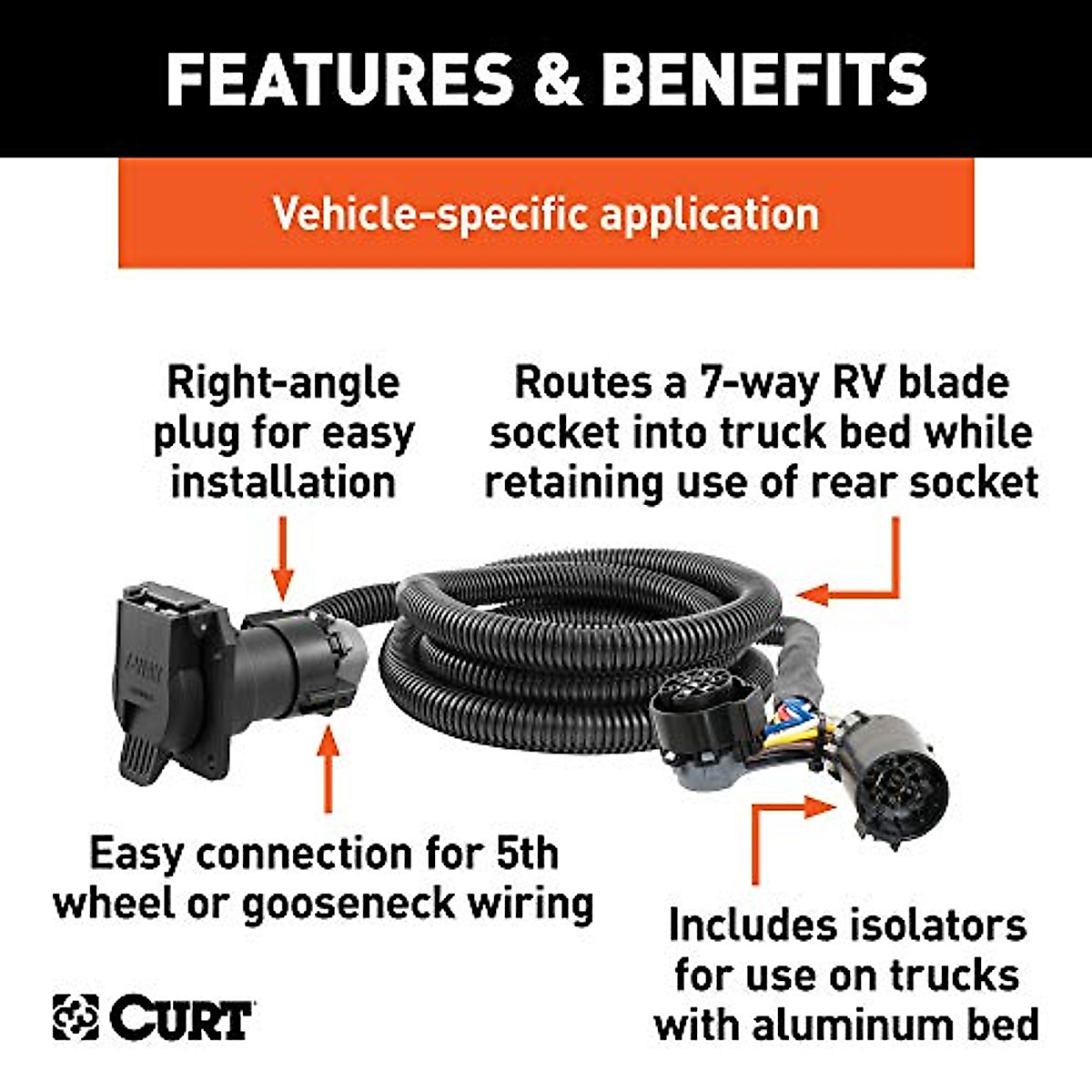 CURT 57008 7-Foot Vehicle-Side Truck Bed 7-Pin Trailer Wiring Harness Extension, Select Ford F-150, F-250, F-350 Super Duty , black