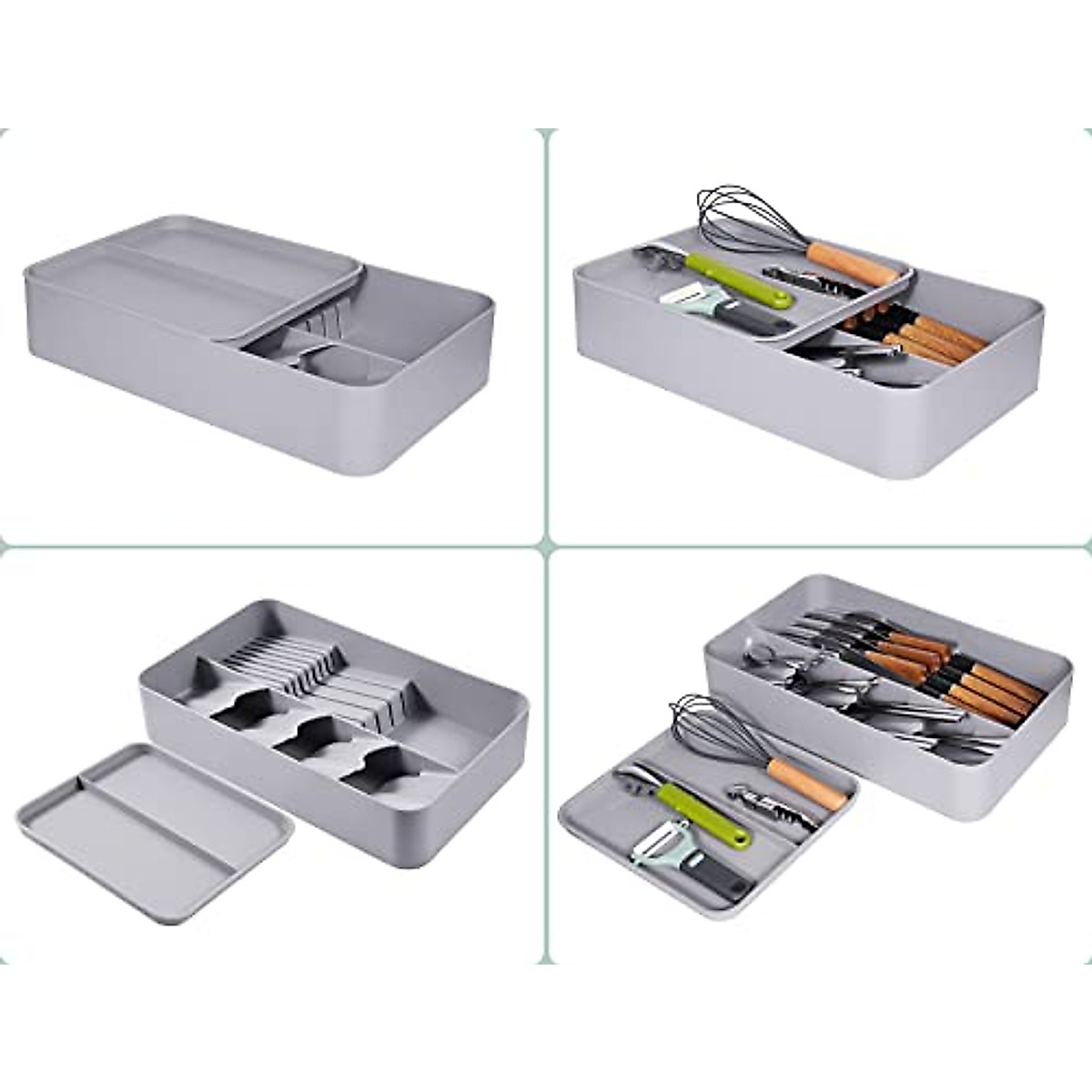 SOMIER 3-in-1 Kitchen Drawer Organizer Flatware Cutlery and Utensil Trays, 2-Tier Knife Holder - 4 Stacked Compartments Silverware Tray - A Removable Divider for Kitchen Gadgets Storage, Gray