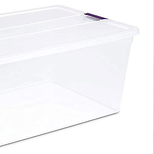 Sterilite 110 Qt ClearView Latch Storage Box, Stackable Bin with Latching Lid, Plastic Container Organize Clothes in Closet, Clear Base, Lid, 4-Pack