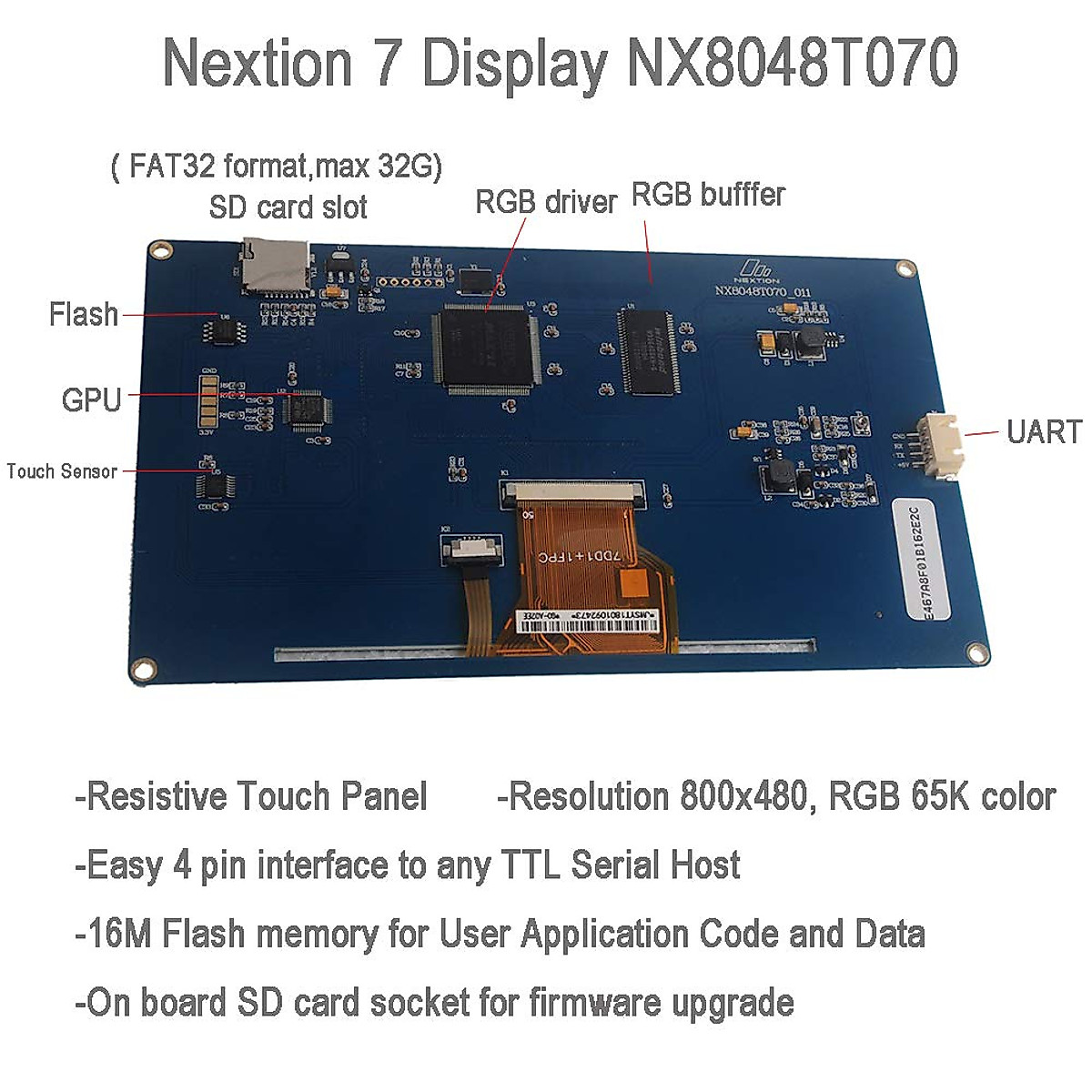DIYmalls Nextion 7 inch HMI Display Resistive Touch Screen 5V TFT LCD 800x480 for Arduino ESP32 Development Board (NX8048T070)