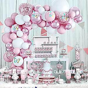 FEYG Pink Party Balloons for Girls, Pink White Gender Reveal Balloons, 87pcs Pastel Pink Balloons Garland Arch Kit with Hollow Out Butterfly for Birthday Party Baby Shower Wedding Party Supplies