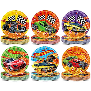 Justforjoyful 60Pcs Hot Car Birthday Party Supplies Colorful Racing Cars Plates Race Car Tableware Party Decorations for Kids Boys Baby Shower Hot Car Wild Racer Dinnerware Party Favors for 60 Guest