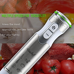 Vinchef 5 in 1 Immersion Hand Blender, 300 Watt, Multi-Speed Stainless Steel Handheld Stick Blender with 700ml Beaker, Whisk, Chopper/Grinder Bowl and Wall Rack, BPA-Free
