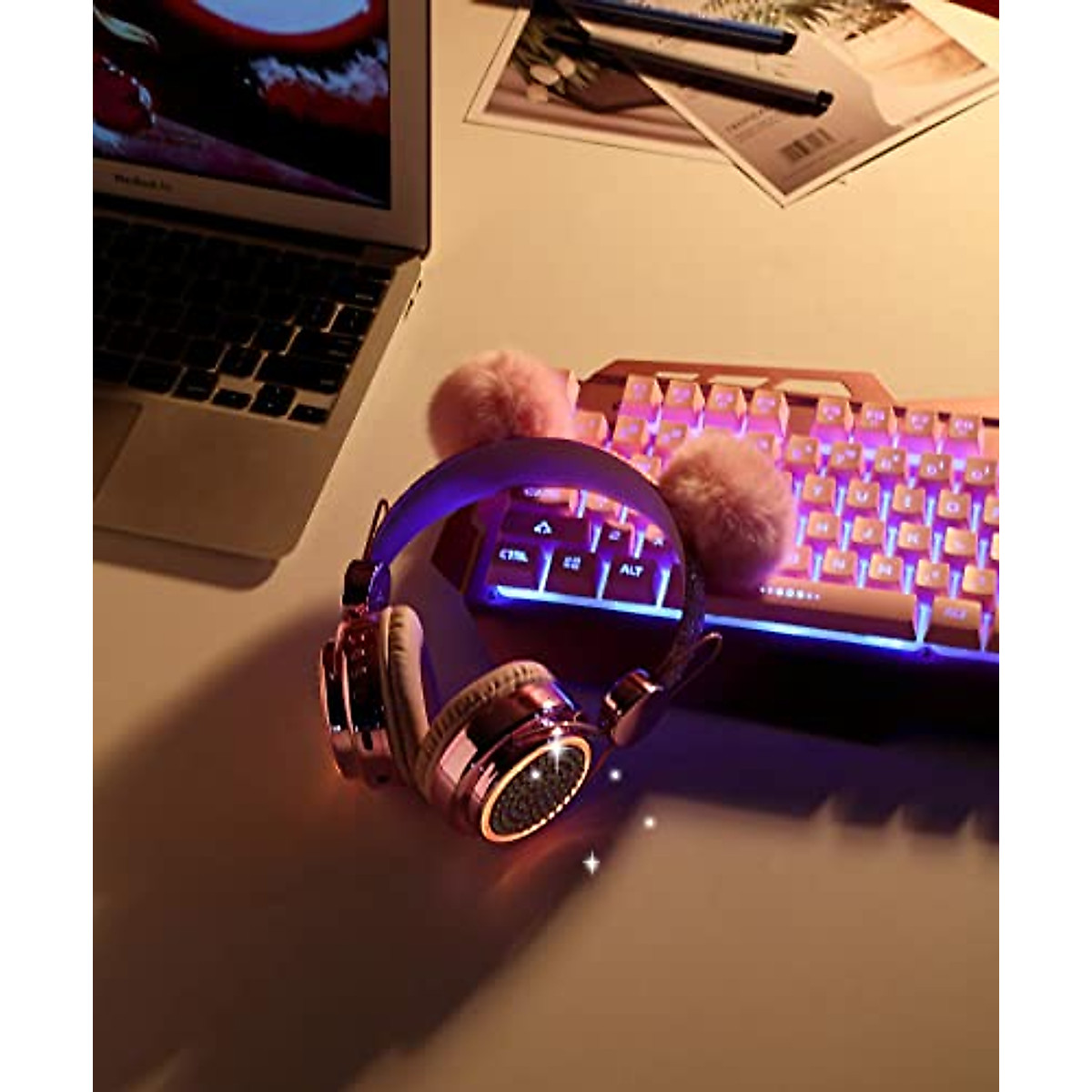 KORABA Wireless , LED Light up Color Changing Girls Bluetooth Headsets with MIC, 10 Hours 5.0 Bluetooth Headphones for School, Christmas (Pink)