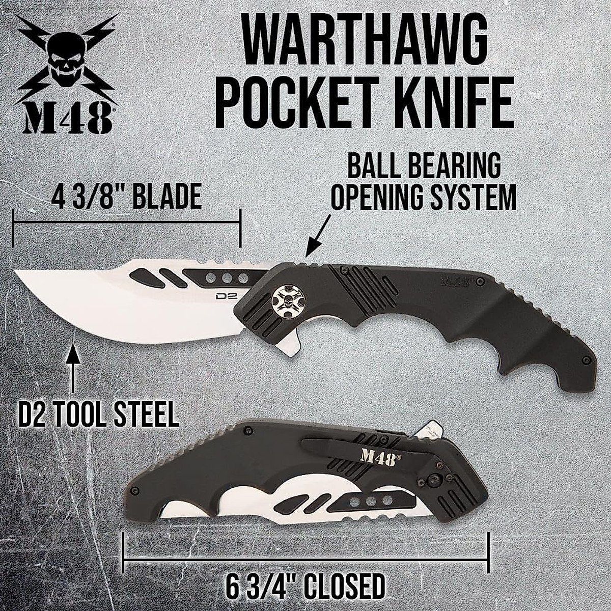 M48 Warthawg Pocket Knife | D2 Tool Steel Blade | Ball Bearing Opening | Pocket Clip | Injection-Molded Nylon Handle | Closed Length 6.75”
