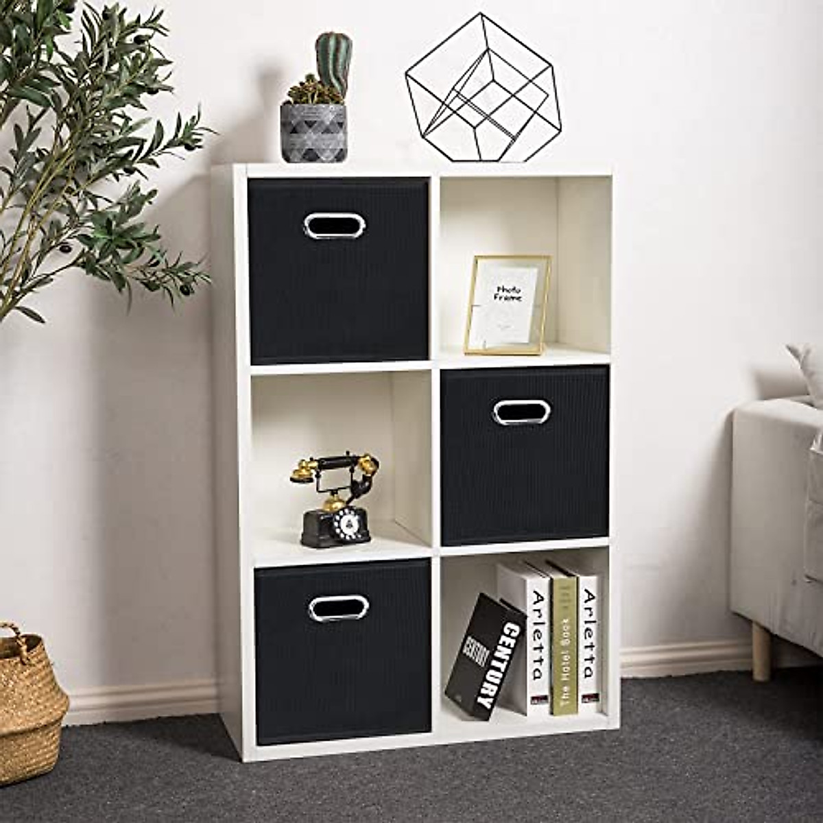 STOREONE 13 Inch Cube Organizer Bins ,Black Fabric Storage Bins，Foldable Storage Bins Basket with Dual Handles Fabric Organizer Bins and Storage Box，Set of 3,Black