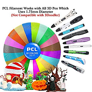 3D Printing Pen PCL Filament Refills 1.75mm, Pack of 20 Colors, Low Melting Temp of 70℃, High-Precision Diameter, Non-Toxic Non-Clogging (200 FT)
