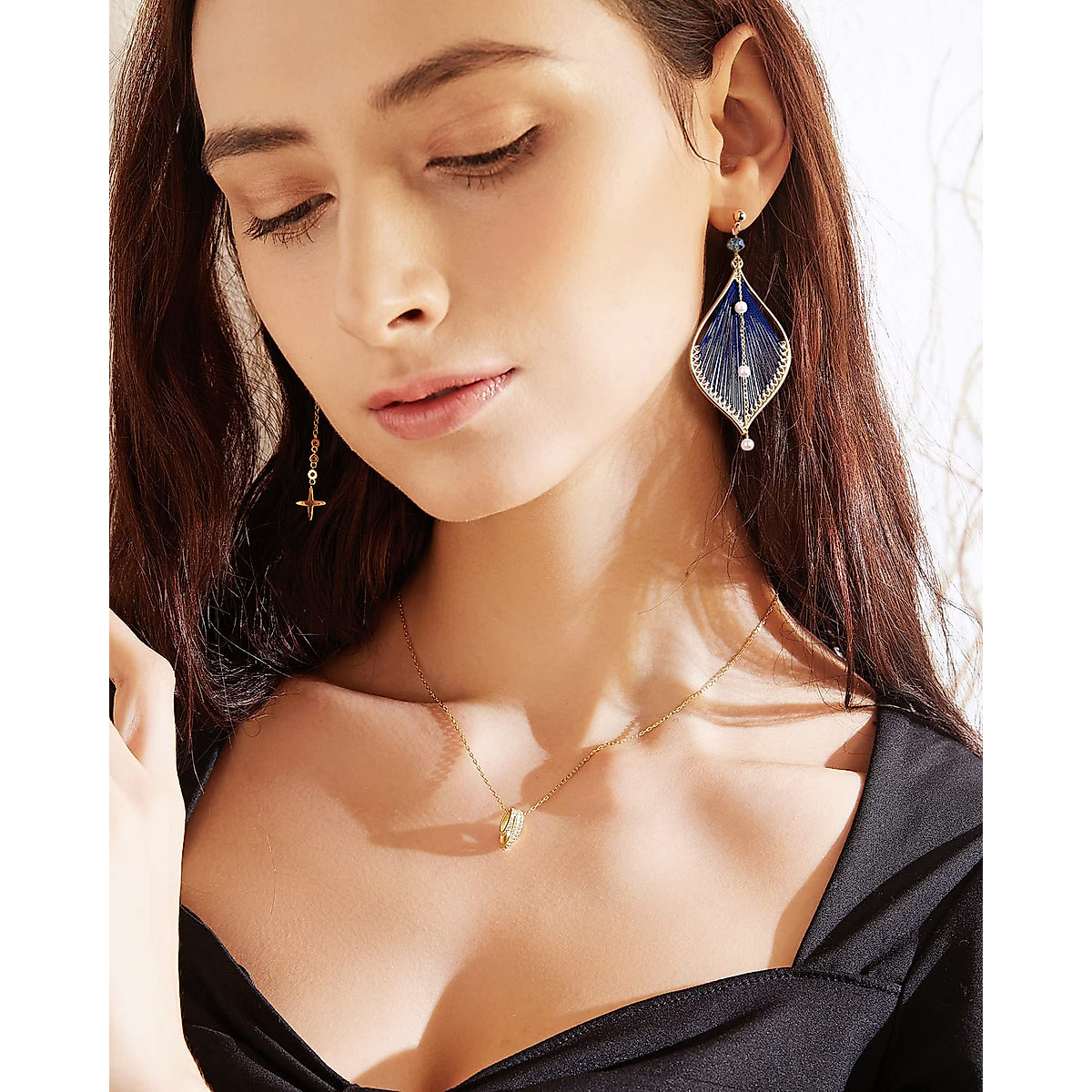 Earrings for Women Colorful Layered Leaf Earrings Bohemian Dangle Drop Tassel Silver Earrings Women Gifts leaf layered silver earrings Black Pearl