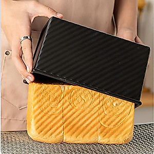 Kofebe Non-Stick Loaf Pan Carbon Steel Corrugated Baking Bread Pan Bread Toast Mold with Cover for Oven-1lb (450g) Black