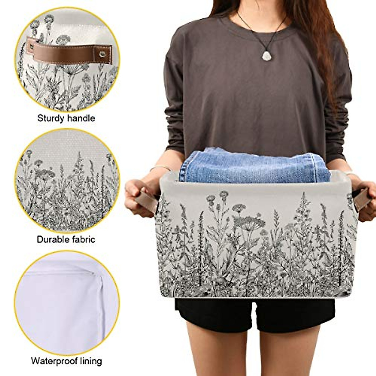 Blueangle Black And White Flowers Rectangle Storage Bin, 15 x 11 x 9.5 in, Collapsible Organizer Storage Basket for Home Décor, 2PACK