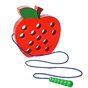 Lacing Toys for Toddlers 1-3,Wooden Threading Apple Baby Travel Toys,Montessori Education Sensory Toys Learning Fine Motor Skills, Wooden Block Puzzle Gifts for 1 2 3 Year Old Baby Kids Boys Girls