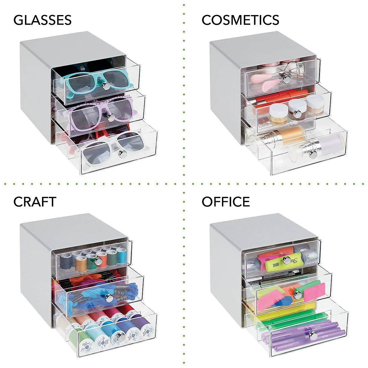 mDesign Stackable Plastic Eye Glass Storage Organizer Box Holder for Sunglasses, Reading Glasses, Lens Cleaning Cloths, and Accessories - 3 Divided Drawers, Chrome Pulls - Gray/Clear