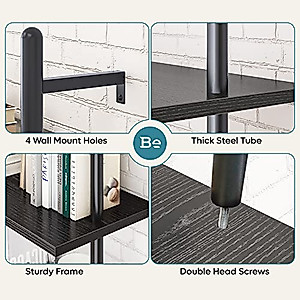 Bestier 70" Ladder Shelf Wall Mounted Industrial 5 Tier Bookshelf Plant Flower Shelf with Round Metal Tube 2 Hooks for Wall Storage Display in Home Office,Kitchen,Bathroom,Black