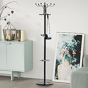 TNUEEIO 67" Metal Coat Rack Stand,Freestanding Swivel Coat Hanger Stand with Heavy Duty Marble Base and 16 Hooks，for Entryway, Home, Office, Coats, Jackets, Hat,Scarf (Black)