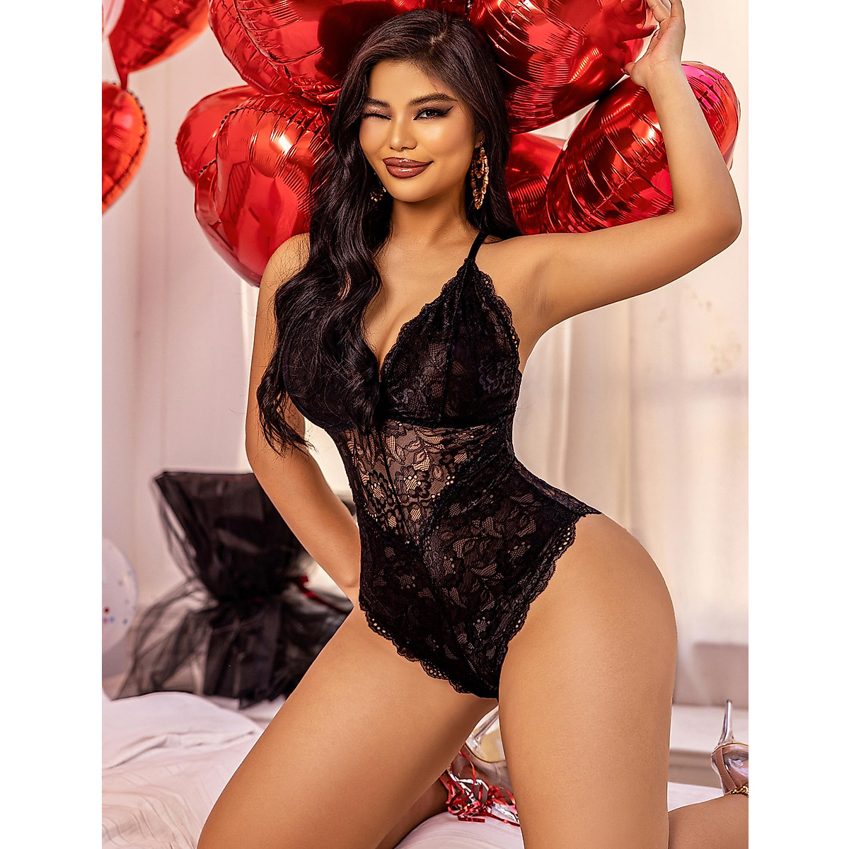 Avidlove Button Crotch Lingerie Women Deep V Lace Teddy Bodysuit One Piece Babydoll(Black,S)