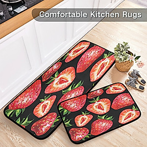 ALAZA Strawberry Red Black 2 Piece Kitchen Rug Floor Mat Set Runner Rugs Non-Slip for Kitchen Laundry Office 20" x 28" + 20" x 48"