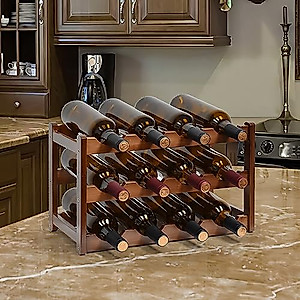 IWNTWY Wine Rack, 12 Bottles 3-Tier Free Standing Wine Racks, Bamboo Wine Rack Countertop Holder Storage Shelf for Kitchen Cabinet Dining Room Bar (Brown)