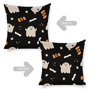 Halloween Cartoon Ghost Bats Throw Pillow Covers 18×18 Pillowcases Set of 2 Spider Boo Linen Decorative Square Pillow Case Cushion Covers Standard Size for Sofa Couch Outdoor Bed Pillow Protectors
