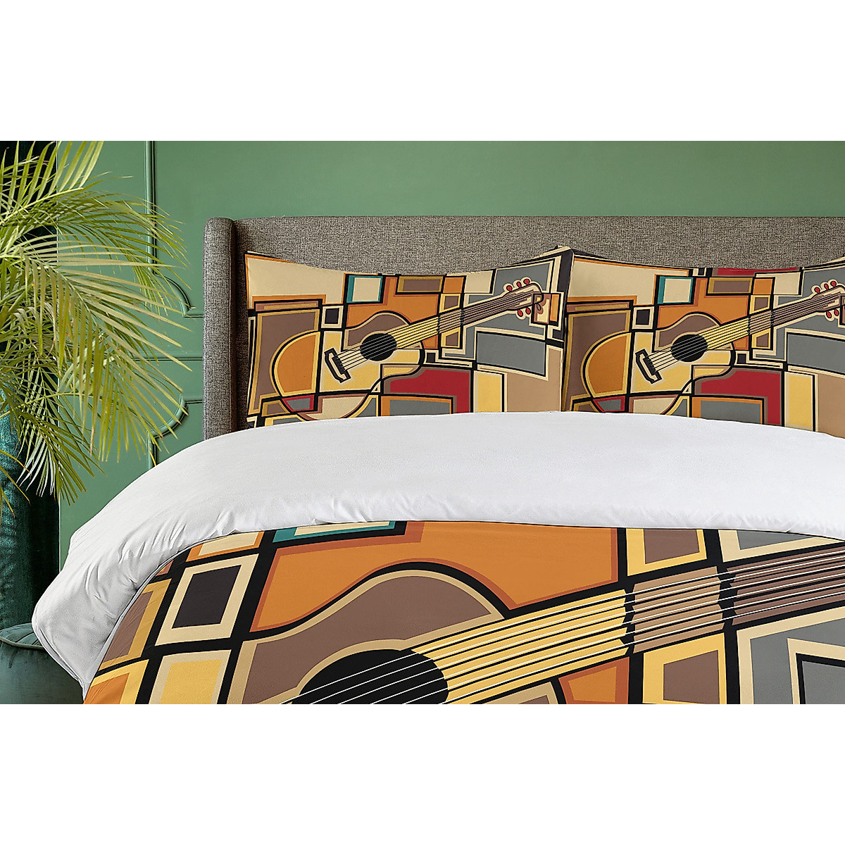 Ambesonne Music Duvet Cover Set, Funky Fractal Geometric Square Shaped Background Acoustic Guitar Art, Decorative 3 Piece Bedding Set with 2 Pillow Shams, King Size, Pale Yellow