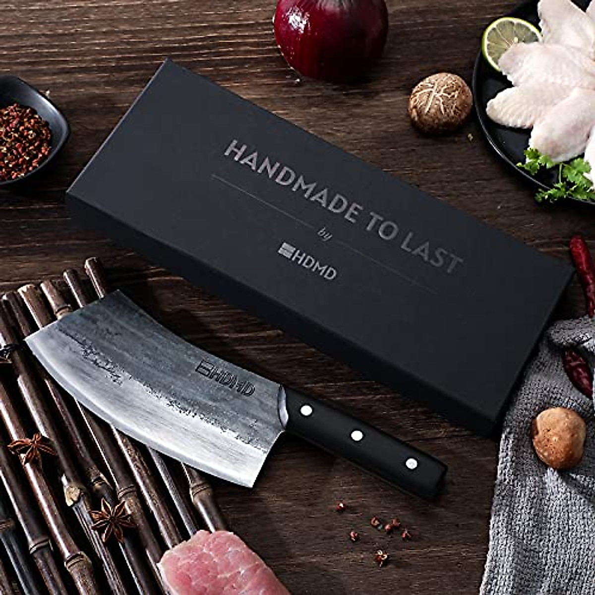 HDMD Cleaver Knife Meat Cleaver Knife for Meat Cutting, Real Hand Forged Knife High Carbon Steel Knife, Butchers Knife Meat Knife for Home and Outdoor Camping, BBQ